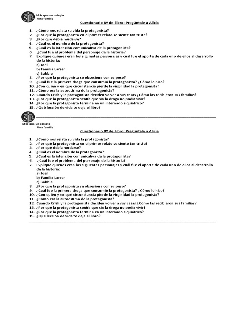 Cuestionario Del Libro Preguntale A Alicia | PDF | Ocio | Deportes