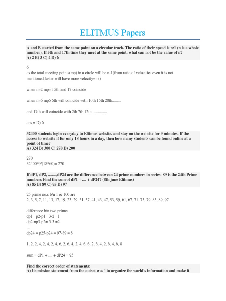 Elitmus Papers | PDF | Integer | Area