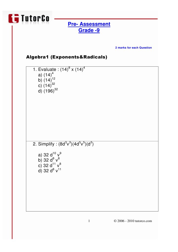 Pre Assessment Algebra1 Exponents Radicals | PDF | Computers