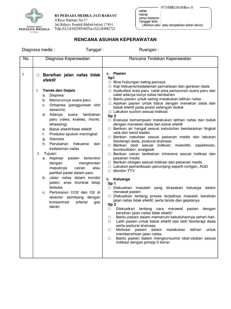 Formulir Status Rekam Medis/Formulir Rawat Inap/Rencana Asuhan ...