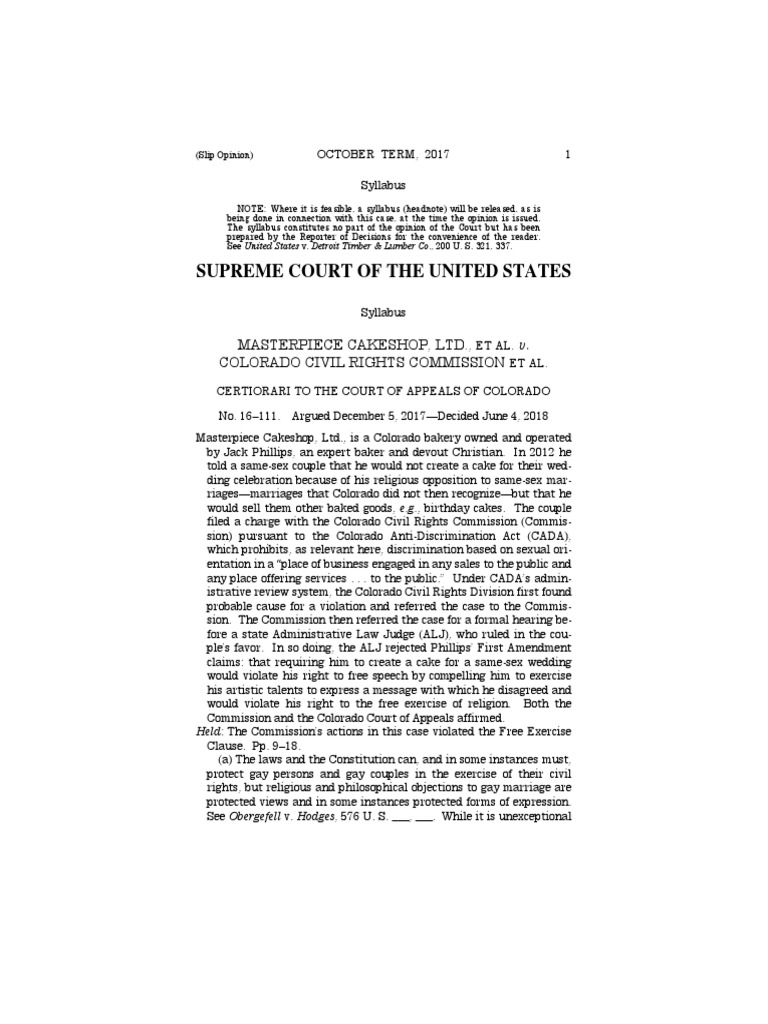 Masterpiece Cake Shop Supreme Court Ruling | PDF | Free Exercise Clause ...