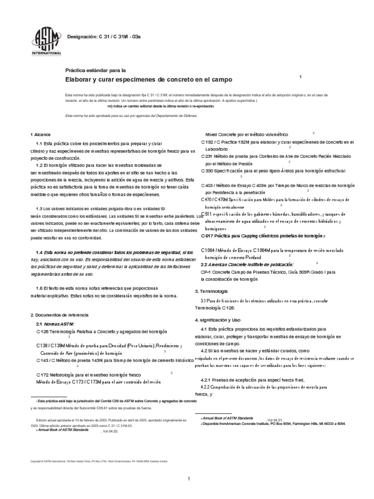 Astm c31 Elaboracion y Curado | PDF | Cemento | El plastico
