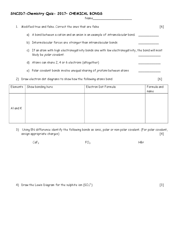 SNC2D7 Chemistry Quiz: Chemical Bonds | PDF