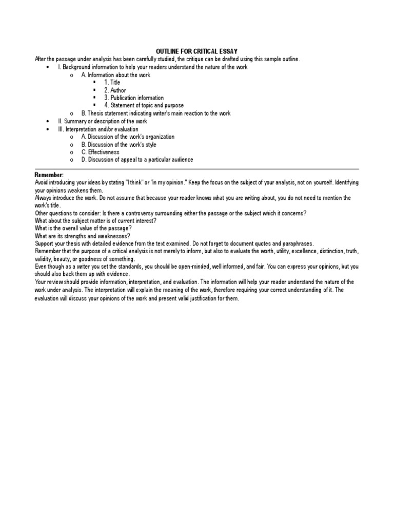 Critical Essay Outline Guide | PDF | Career & Growth