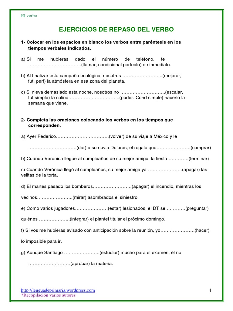 Ejercicios de Repaso del Verbo | PDF | Verbo