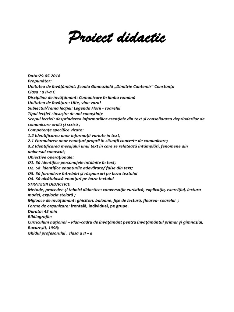 Proiect Didactic CLR - Lectura | PDF