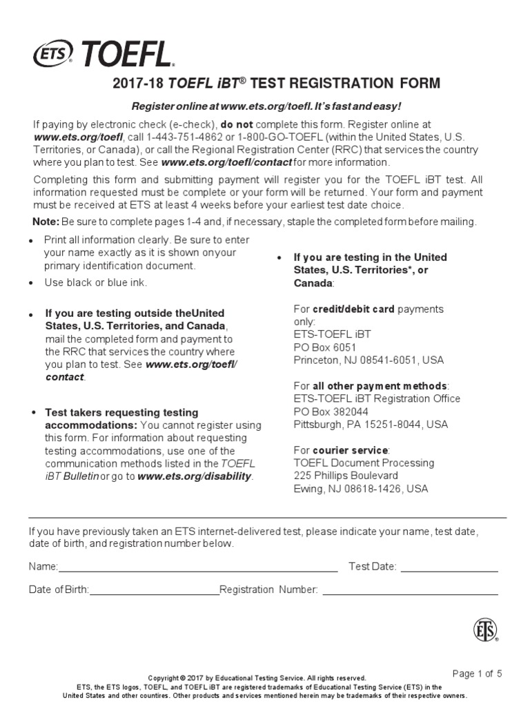 201 7-18 TOEFL iBT Test Registration Form: Do Not Complete This Form ...