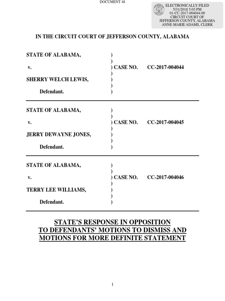 Alabama Attorney General's Office Response To Sherry Lewis Motion To ...