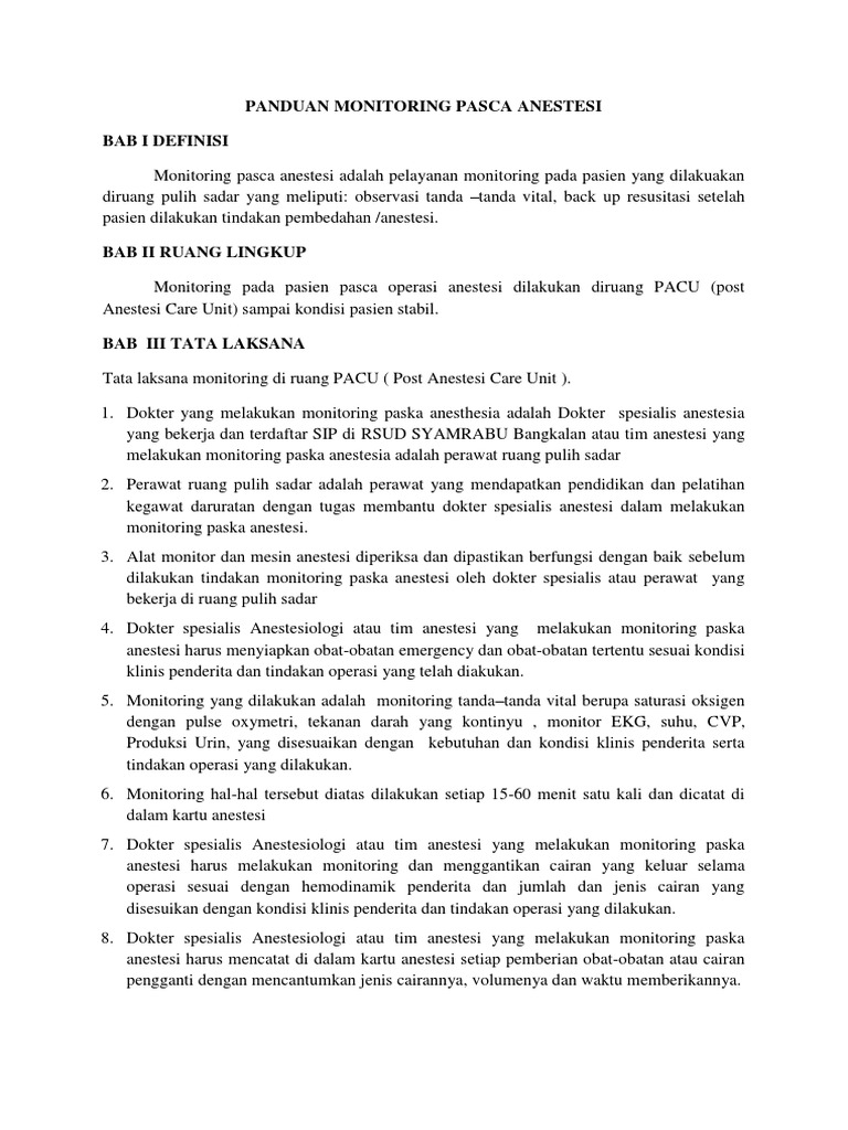 Panduan Monitoring Pasca Anestesi Pab | PDF