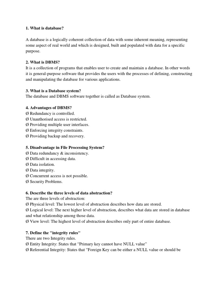 Dbms Interview Questions Pdf Oracle Database Databases
