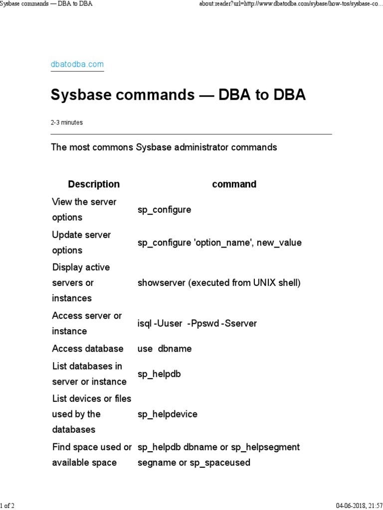 Sysbase Commands - DBA To DBA | PDF | Databases | Filename
