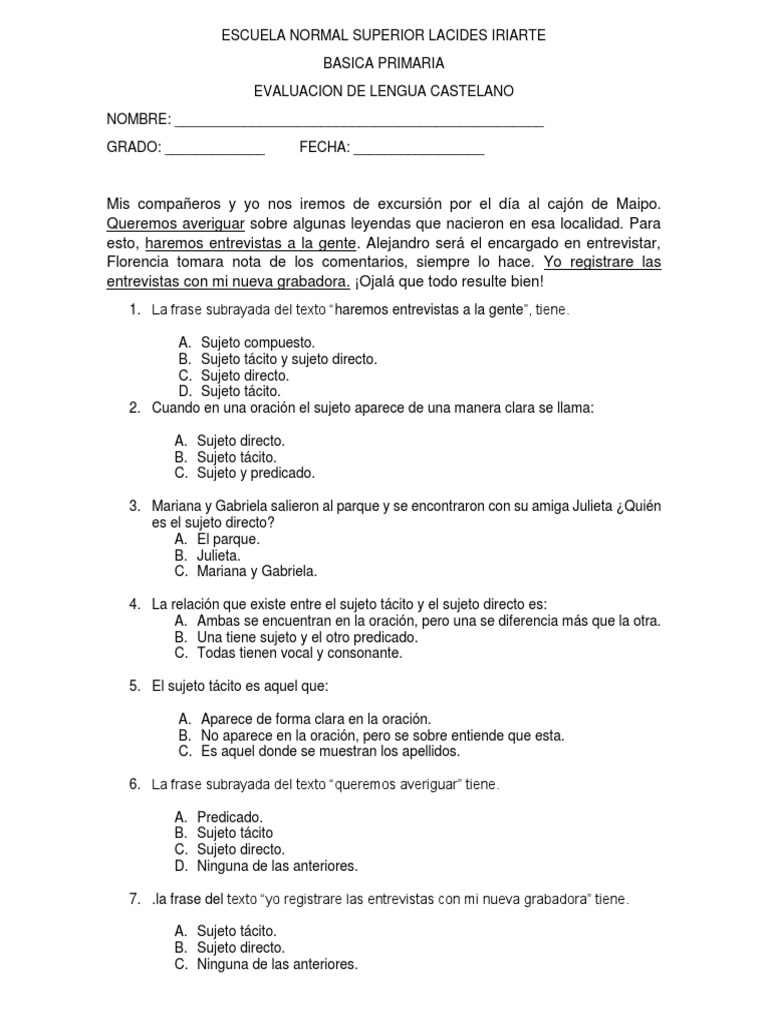 Evaluacion Sujeto Tacito y Sujeto Directo. | PDF | Asunto (gramática ...