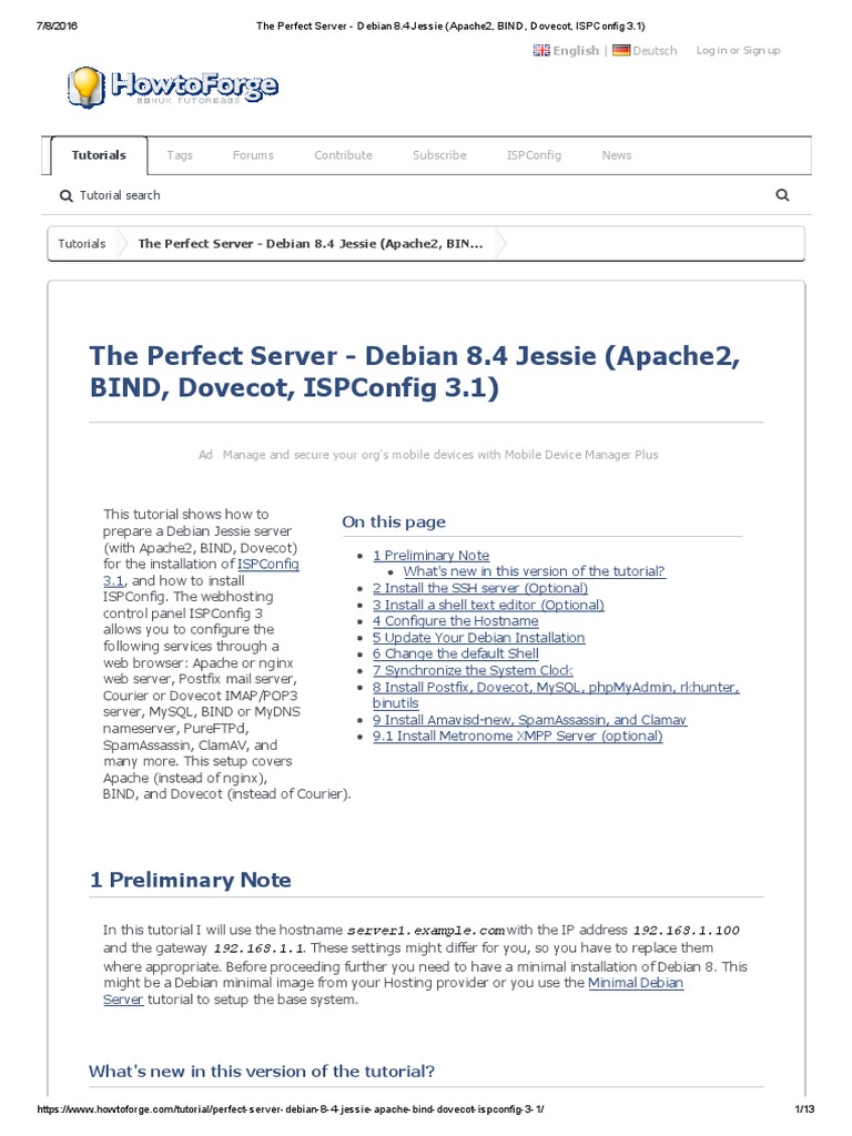 The Perfect Server - Debian 8.4 Jessie (Apache2, BIND, Dovecot, IsPConfig 3 | PDF | Secure Shell ...