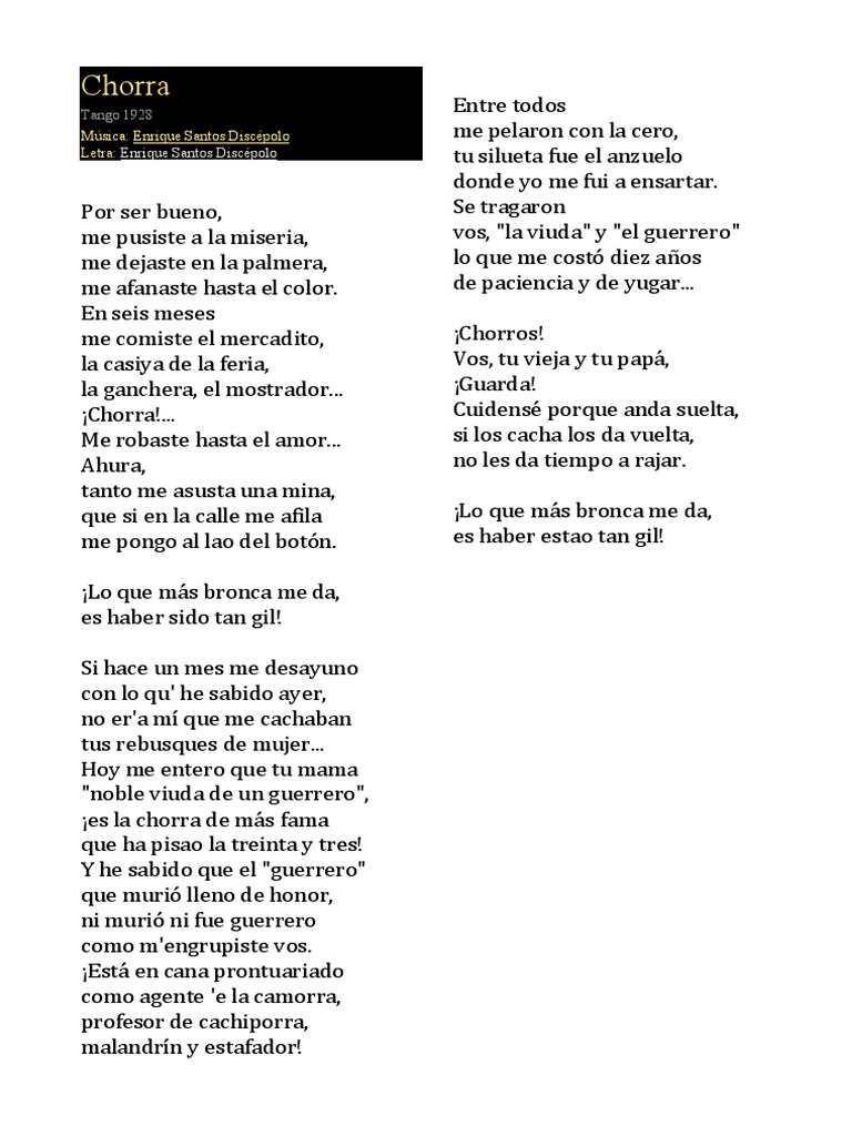 Chorra Letra | PDF | Tango | Estilos de música uruguayos