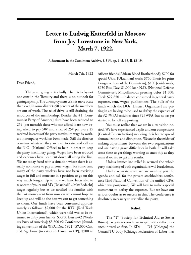 Letter To Ludwig Katterfeld in Moscow From Jay Lovestone in New York ...