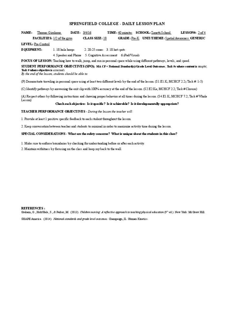 Pre-K Spatial Awareness Lesson Plan | PDF | Lesson Plan | Teachers