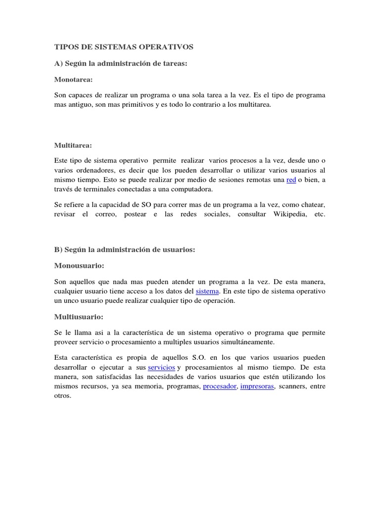 Informe Tipos de Sistemas Operativos | Microsoft Windows | Sistema ...