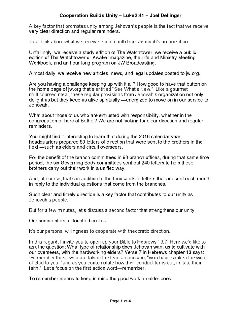 Transcript - Joel Dellinger - Cooperation Builds Unity (Luke 2 41) | PDF