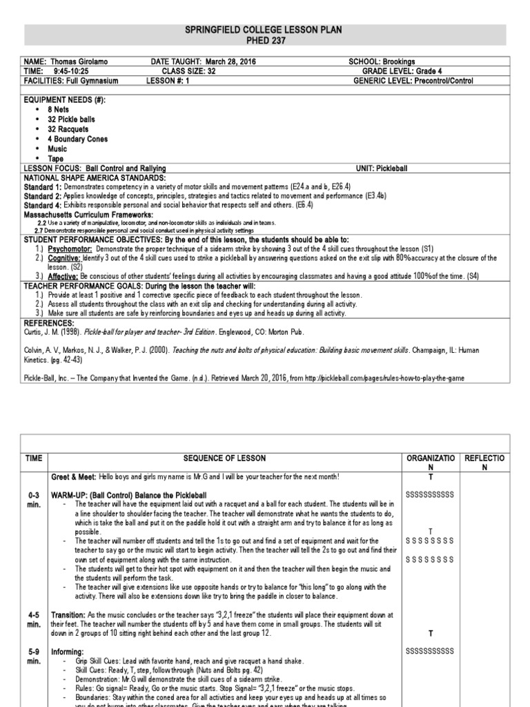 Lesson Plan 1 Pickleball | PDF | Volleyball | Psychology