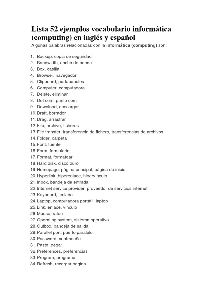 Lista 52 Ejemplos Vocabulario Informática | PDF | Informática ...