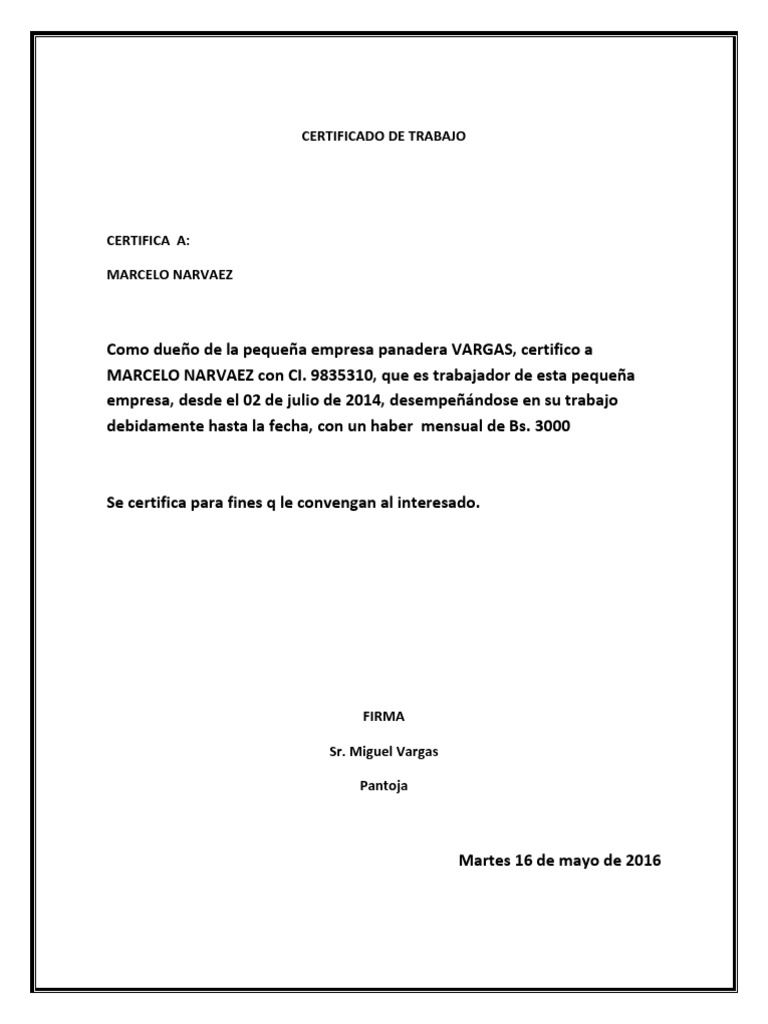 Certificado de Trabajo de Marcelo Narvaez | PDF
