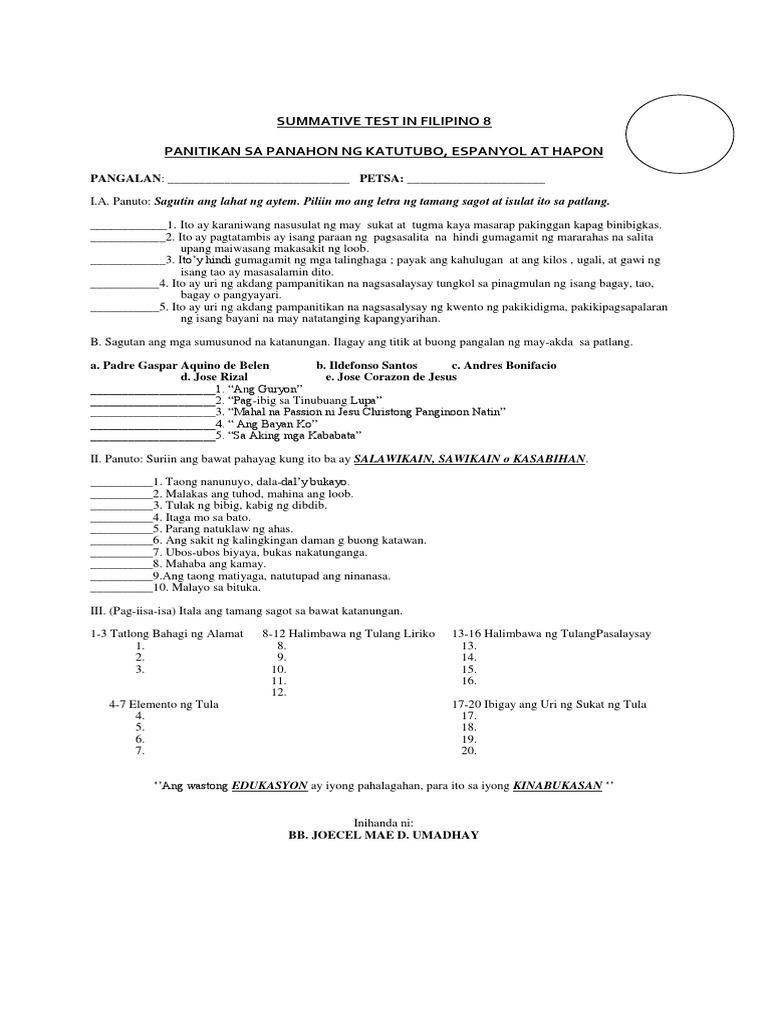 Summative Test in Filipino 1st Grading | PDF