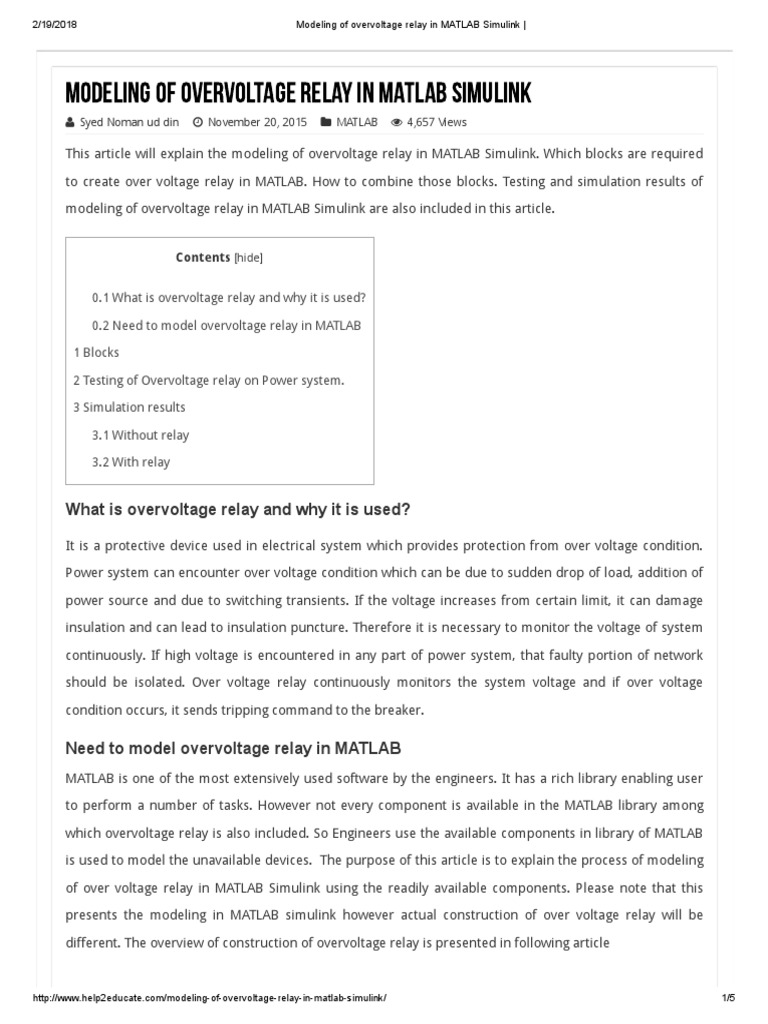 Modeling of Overvoltage Relay in MATLAB Simulink | PDF | Relay ...