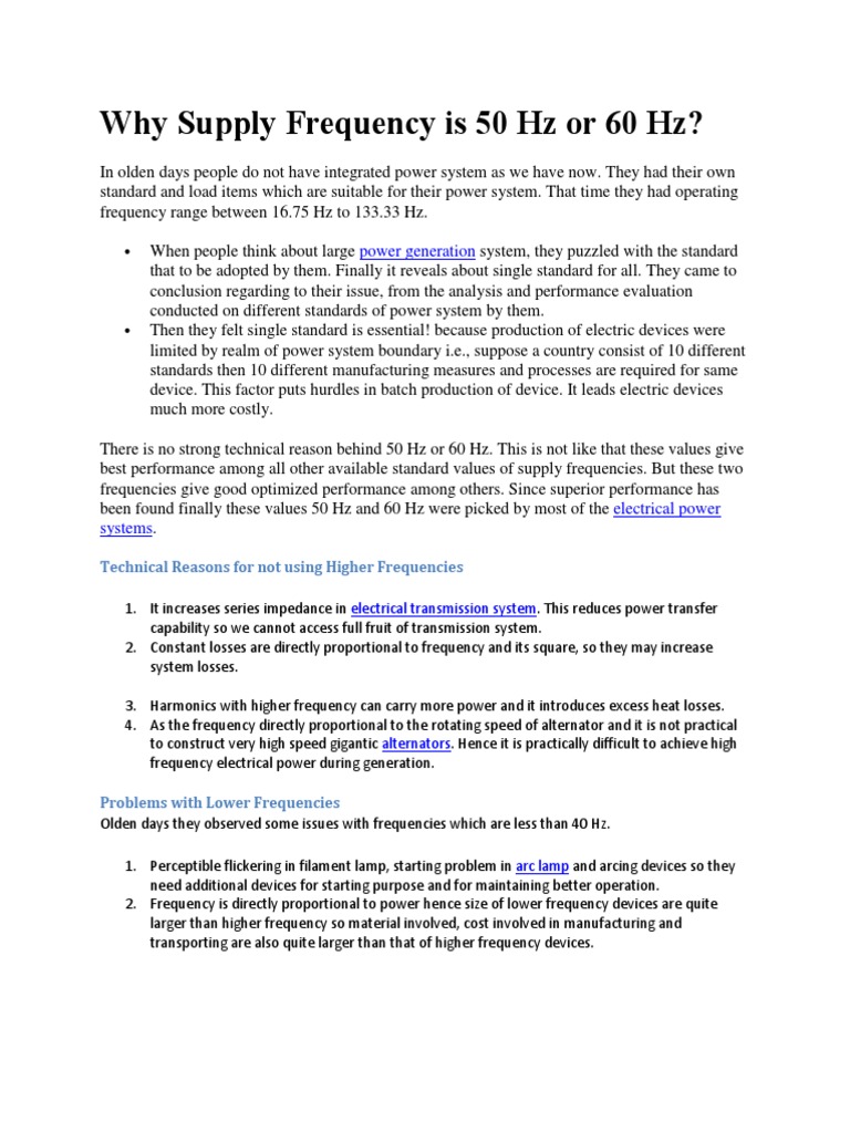 Why Supply Frequency Is 50 HZ or 60 HZ | PDF | Electric Power System ...