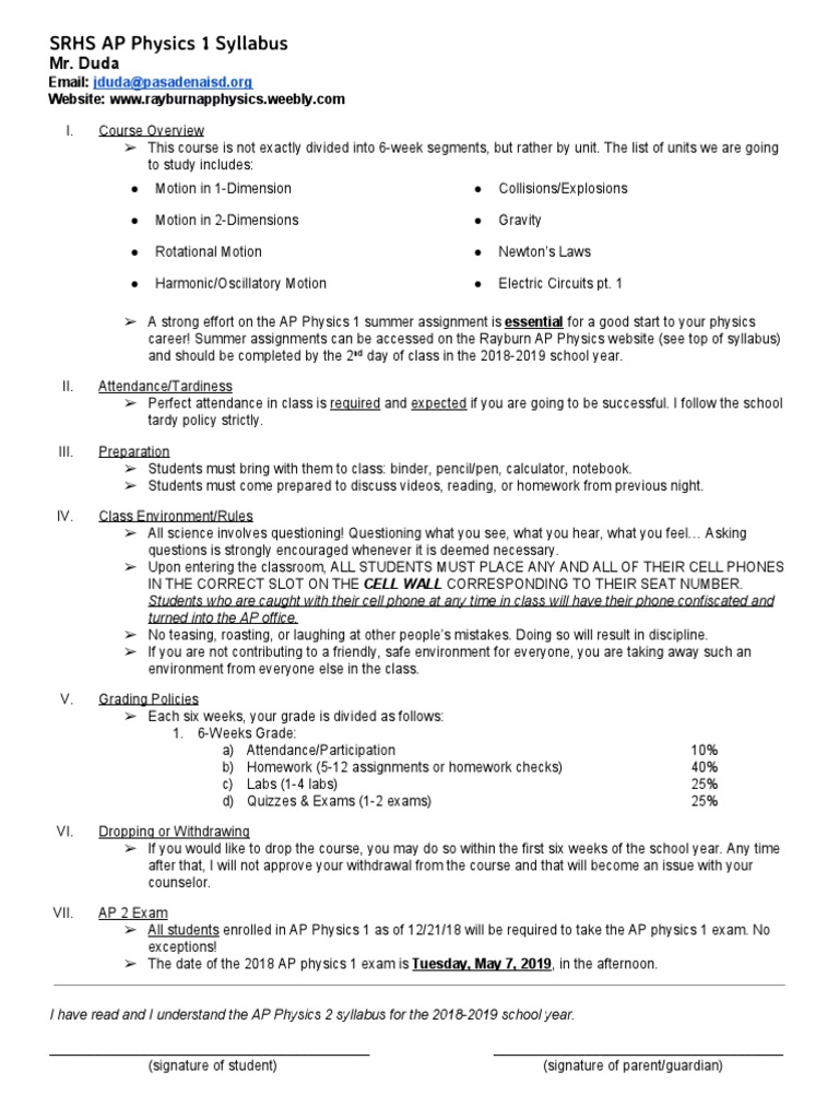 SRHS AP Physics 1 Course Syllabus | PDF | Behavior Modification