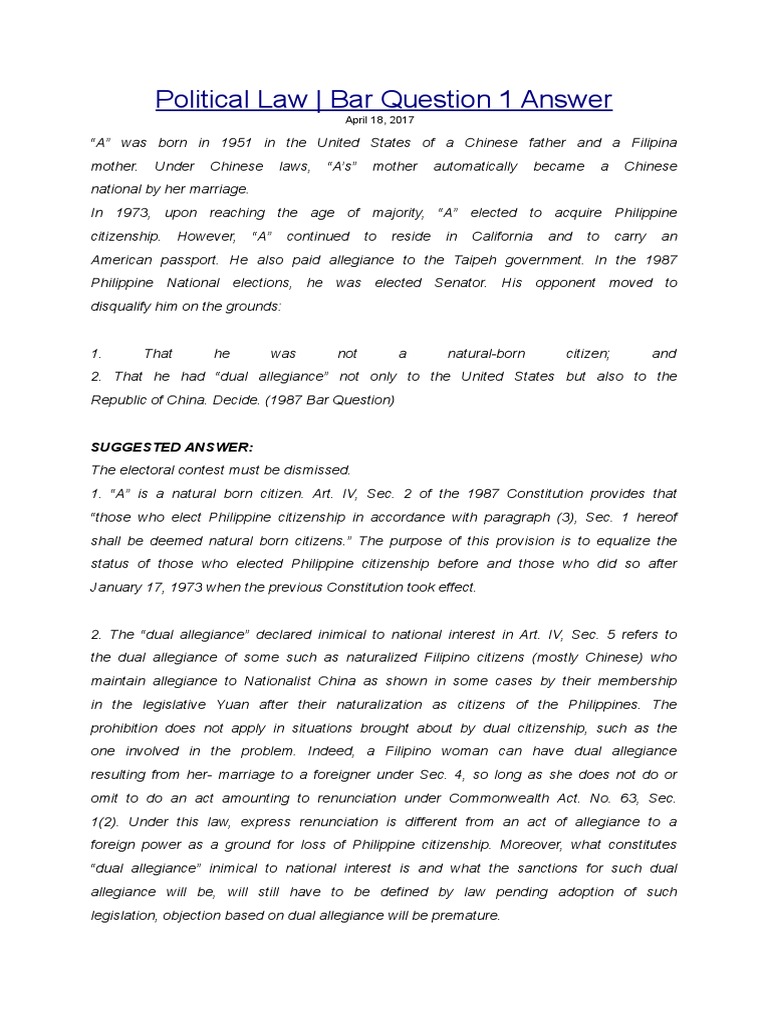 Political Law - Bar Question 1 Answer | PDF | Naturalization | Citizenship