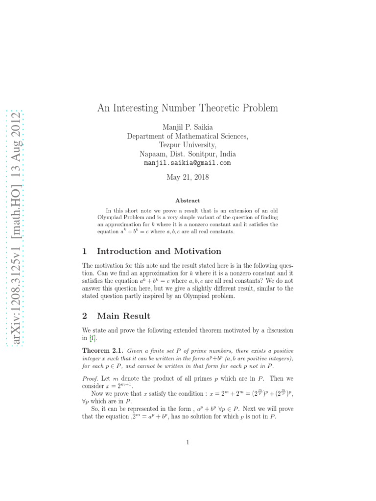An Interesting Number Theoretic Problem: 1 Introduction and Motivation ...