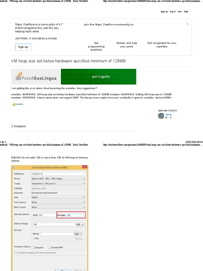 Android - VM Heap Size Set Below Hardware Specified Minimum | PDF | Emulator | Android ...