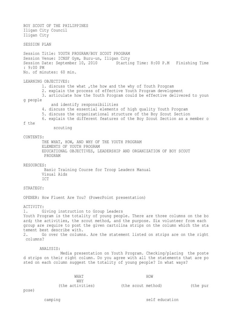Session Plan On The Youth Program (Boy Scout of The Philippines) | PDF ...