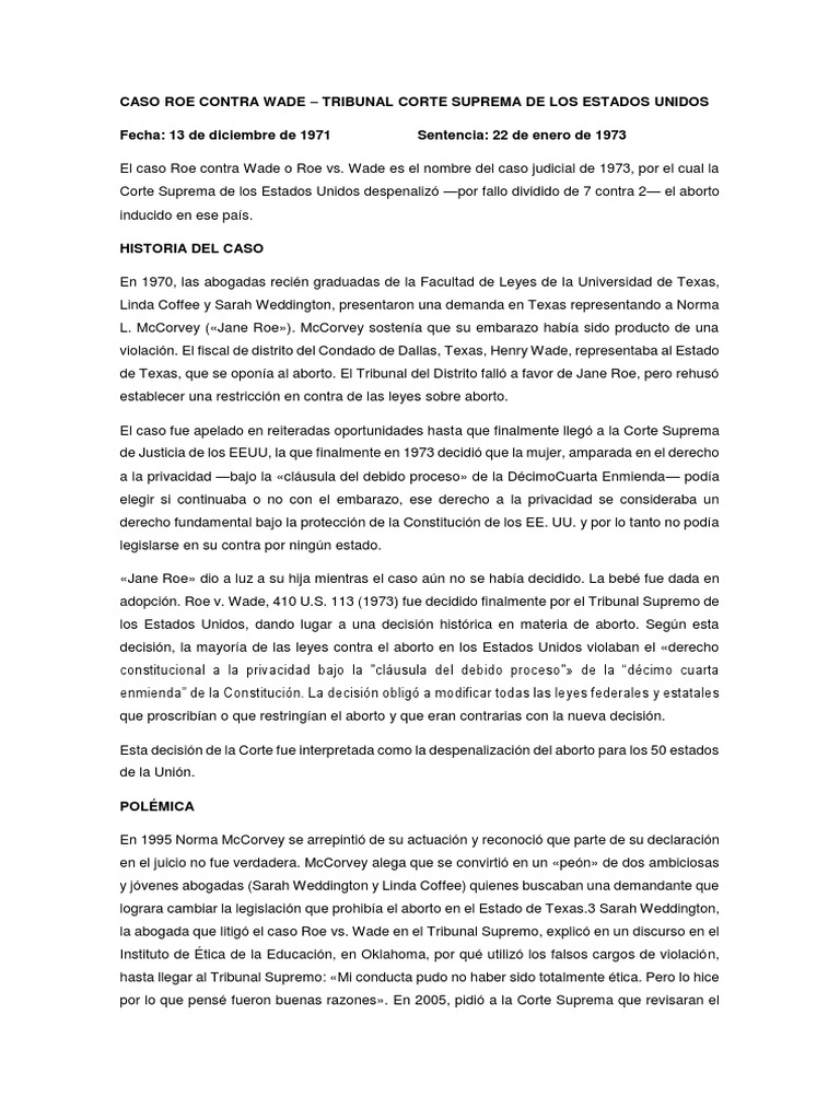 Caso Roe vs. Wade: Despenalización del Aborto | PDF | Roe V. Wade | Virtud