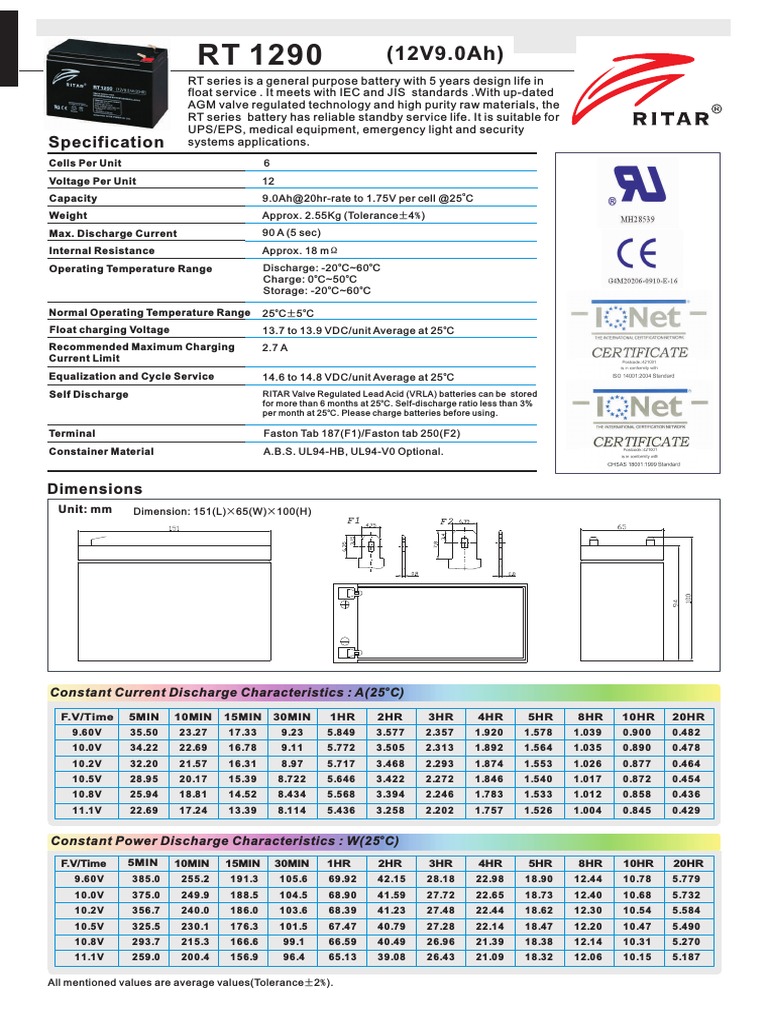 RITAR RT1290 12V 9AH.pdf | Battery (Electricity) | Galvanic Cells