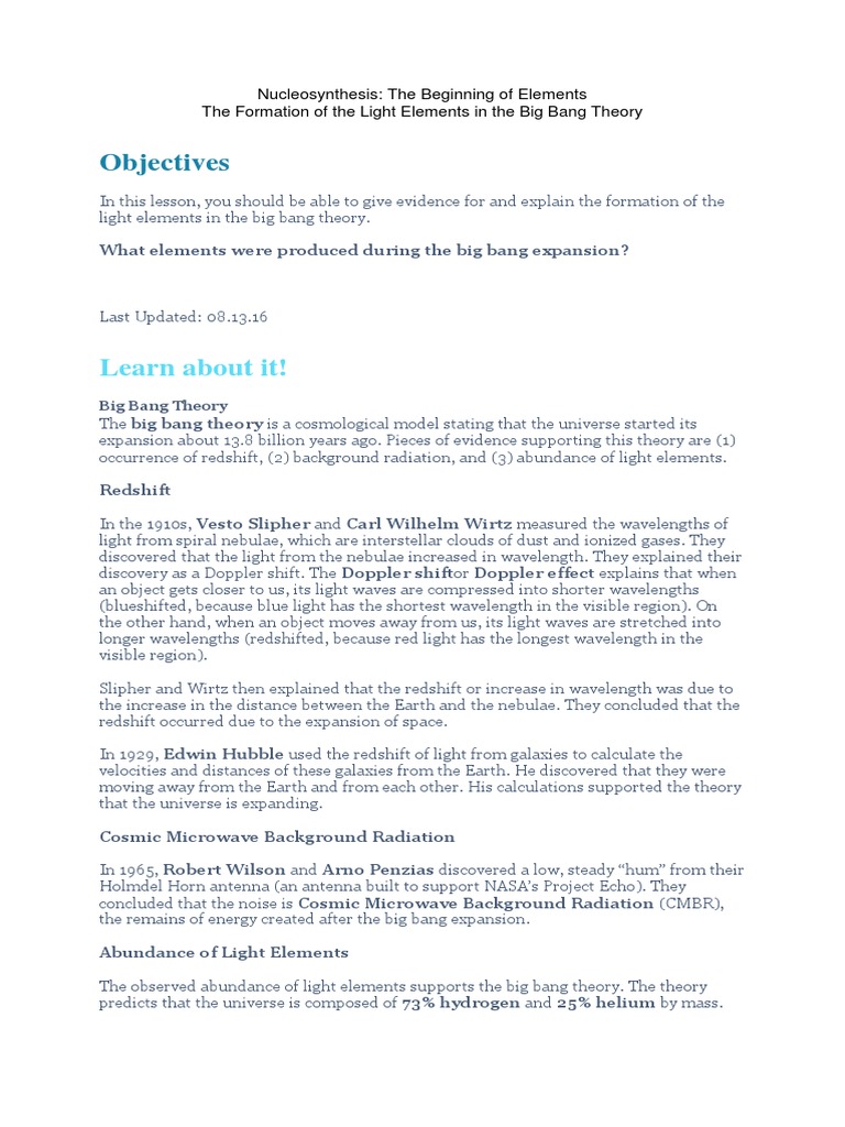 Physical Sciences Lesson 1 Nucleosynthesis | PDF | Stars | Redshift