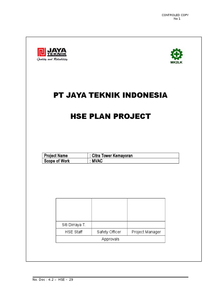 PT Jaya Teknik Indonesia Hse Plan Project: Project Name: Citra Tower ...