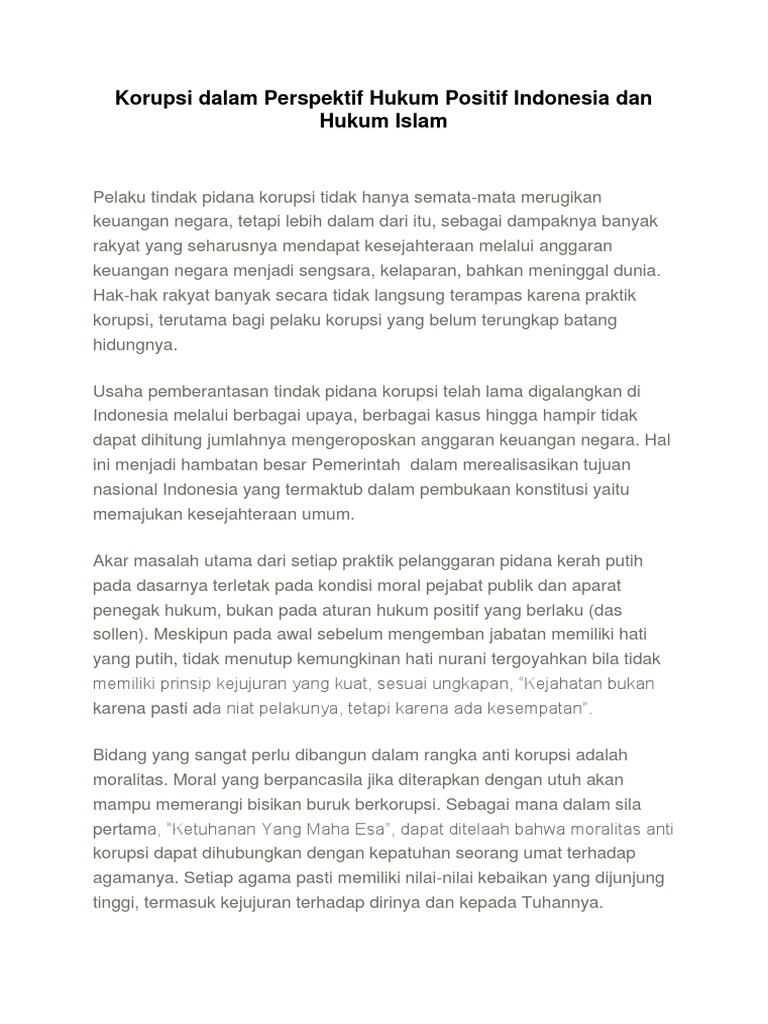 Korupsi Dalam Perspektif Hukum Positif Indonesia Dan Hukum Islam | PDF