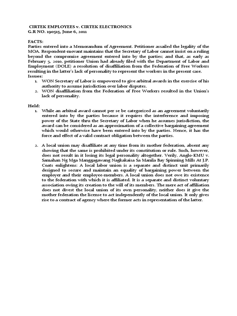 Cirtek Employees V. Cirtek Electronics | PDF