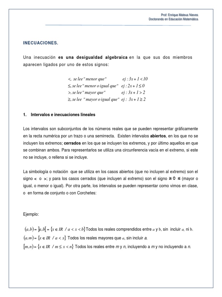 Inecuaciones. Teoria Taller | PDF | Intervalo (Matemáticas) | Desigualdad (Matemáticas)