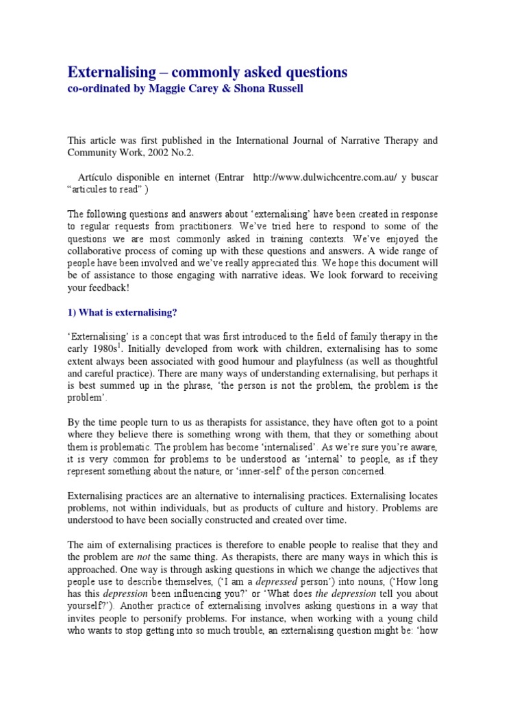 Externalising - Commonly Asked Questions: Co-Ordinated by Maggie Carey ...