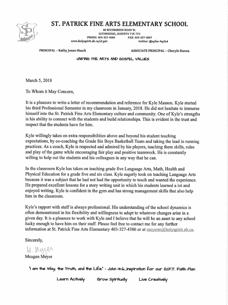 Kyle Masson - Psiii Teacher Mentor Reference Letter | PDF