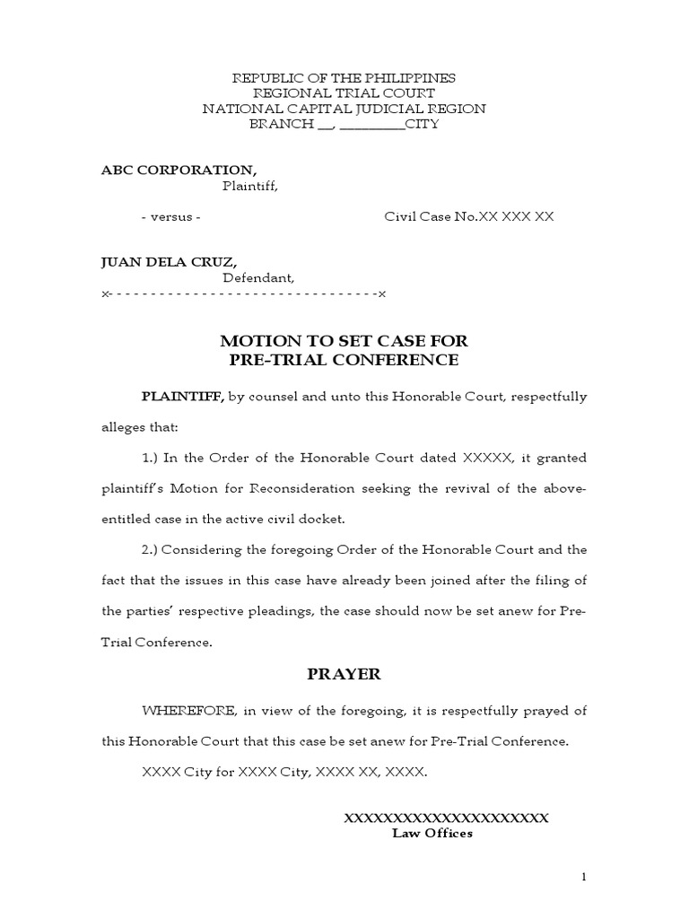 Motion To Set Case For Pre Trial | PDF