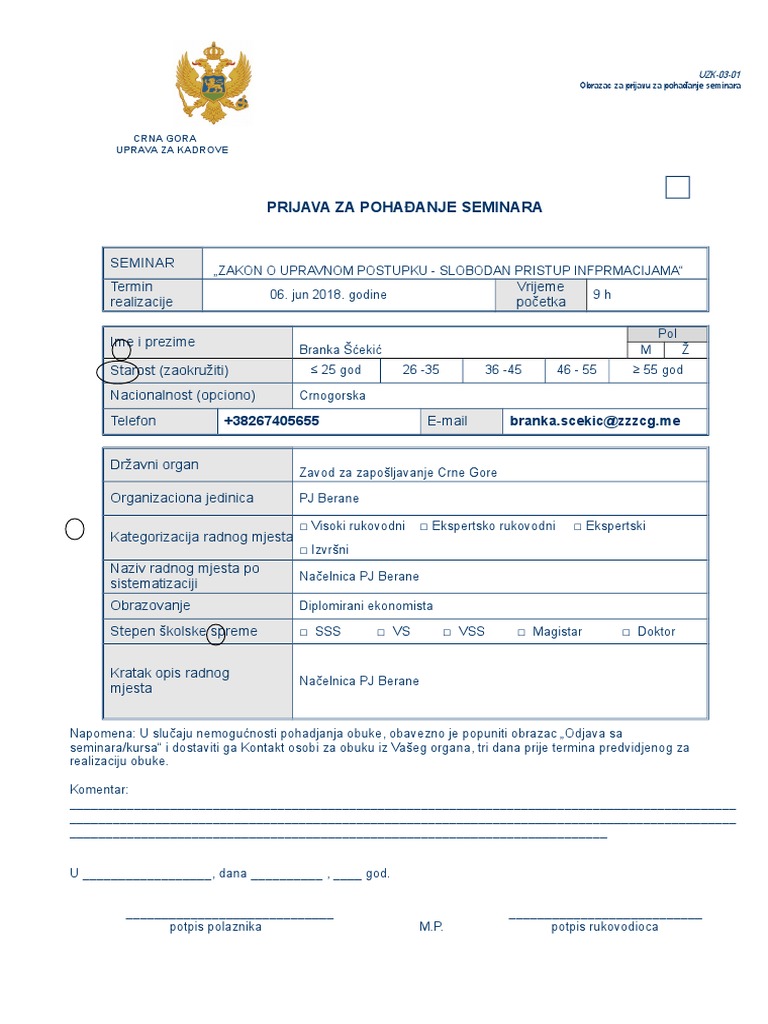Prijava Za Pohadjanje Seminara | PDF
