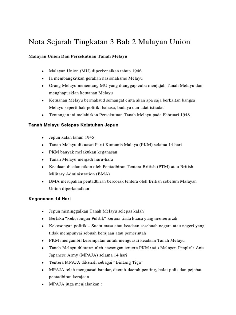 Nota Sejarah Tingkatan 3 Bab 2 Malayan Union | PDF