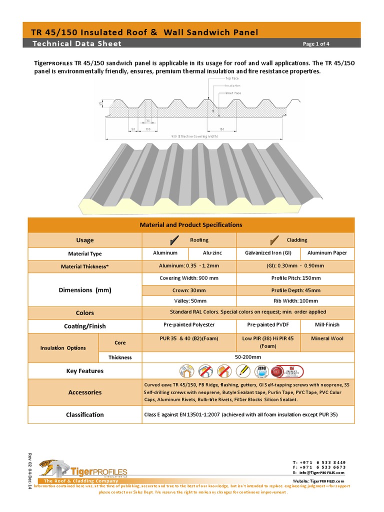 TR 45 150 Roof Wall Sandwich Panel Data Sheet | PDF | Thermal ...