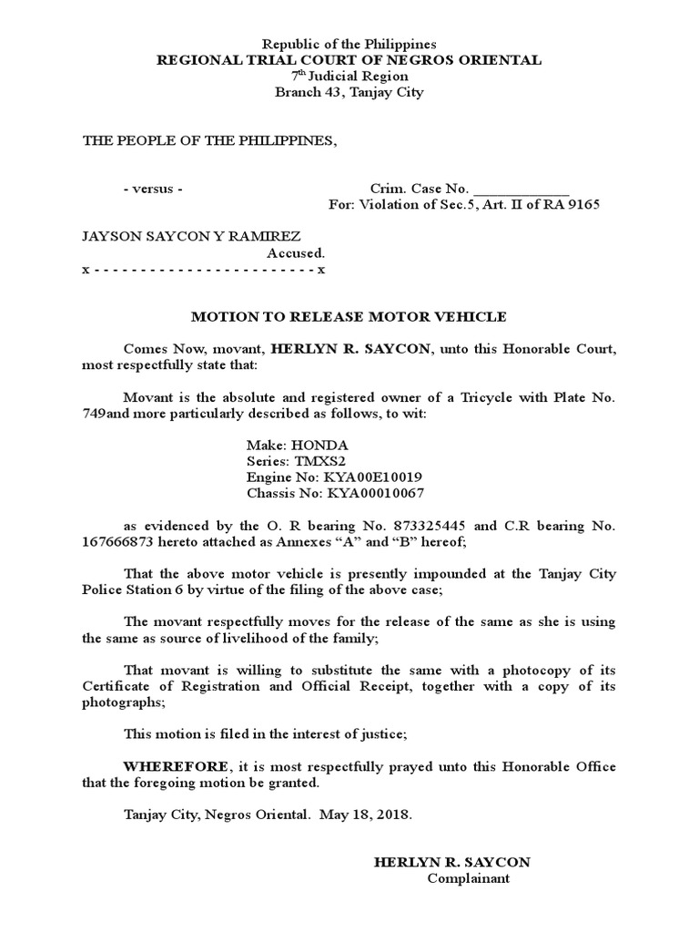 Motion To Release Motor Vehicle | PDF