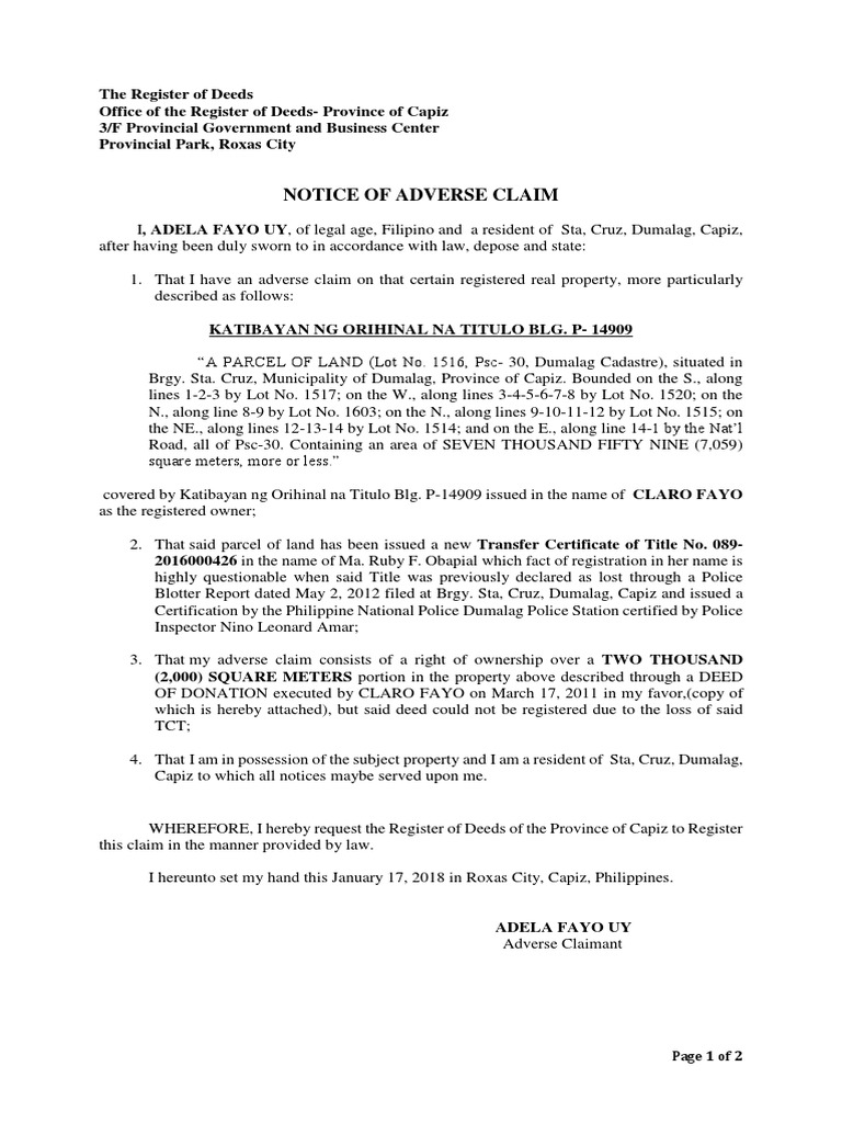 Adverse Claim by Adela Fayo Uy | PDF | Government | Common Law