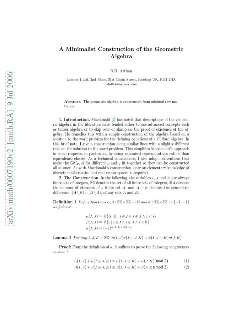 A Minimalist Construction of The Geometric Algebra: Lemma 1 Ltd. 2nd ...