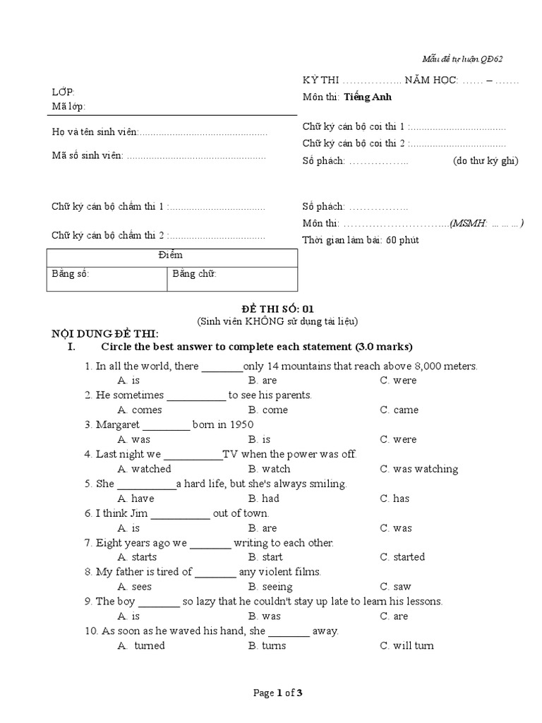 A1-A2 English Test Sample Paper | PDF